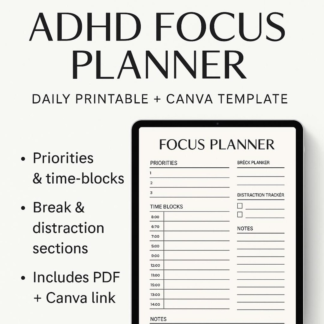 ADHD Focus Planner | Editable Canva Template + Hyperlinked PDF | Time ...