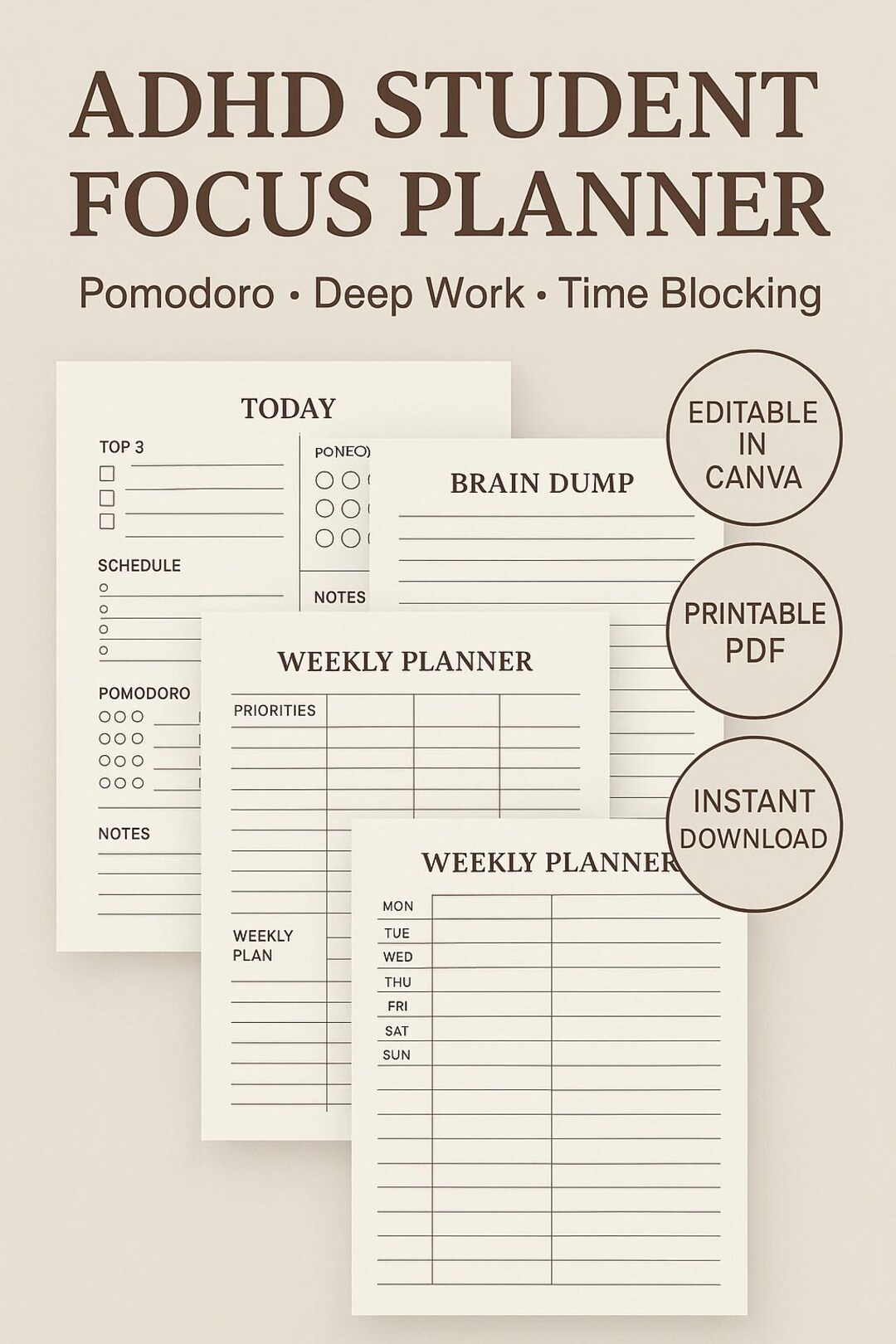 ADHD Student Planner | Pomodoro Study & Time Blocking | Printable PDF ...