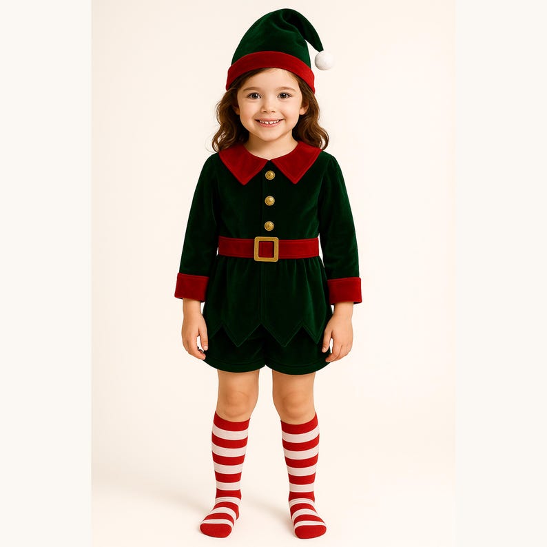 Christmas Elf Costume for Kids, Velvet Holiday Outfit, Winter Green Red ...
