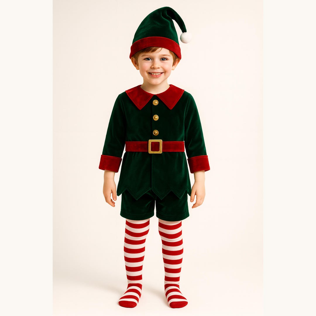 Christmas Elf Costume for Kids, Velvet Holiday Outfit, Winter Green Red ...