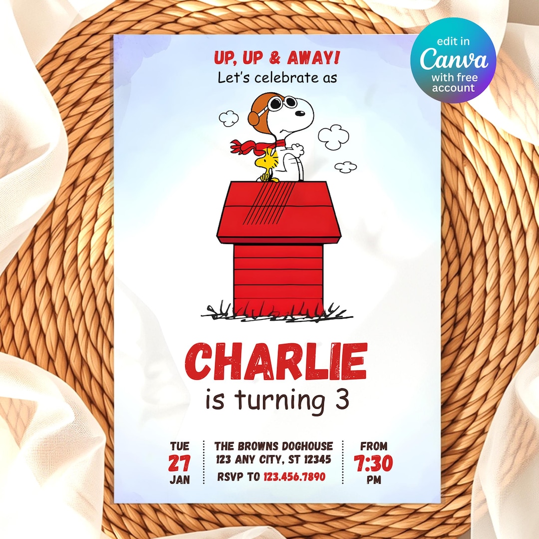 Snoopy Birthday Invitation | Flying Snoopy on Doghouse, Peanuts Party ...