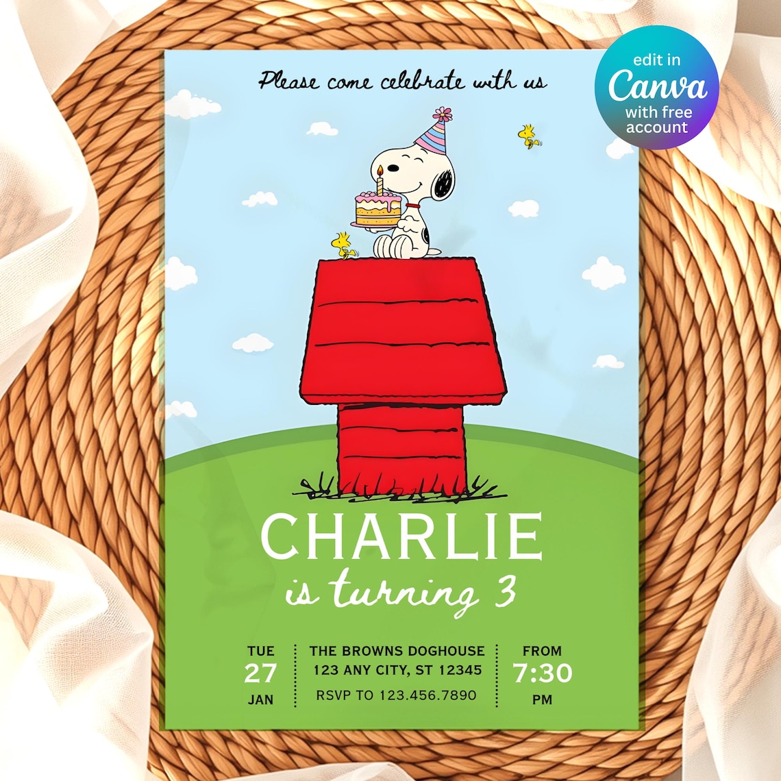 Snoopy Birthday Invitation for Girls and Boys, Peanuts Party Invite ...