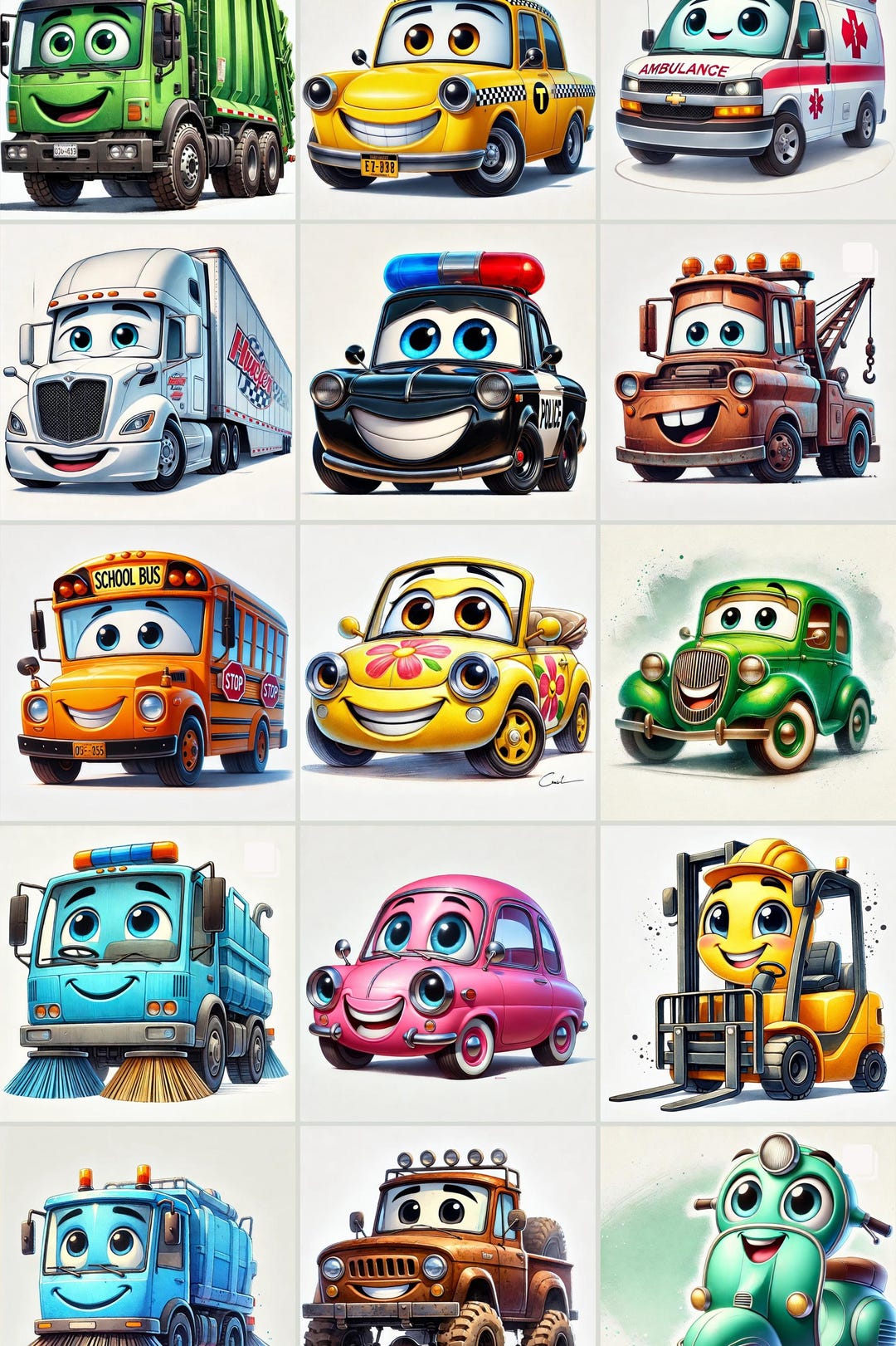 15 Printable Cartoon Cars Nursery Wall Art – Set of 15 Cute Vehicle ...