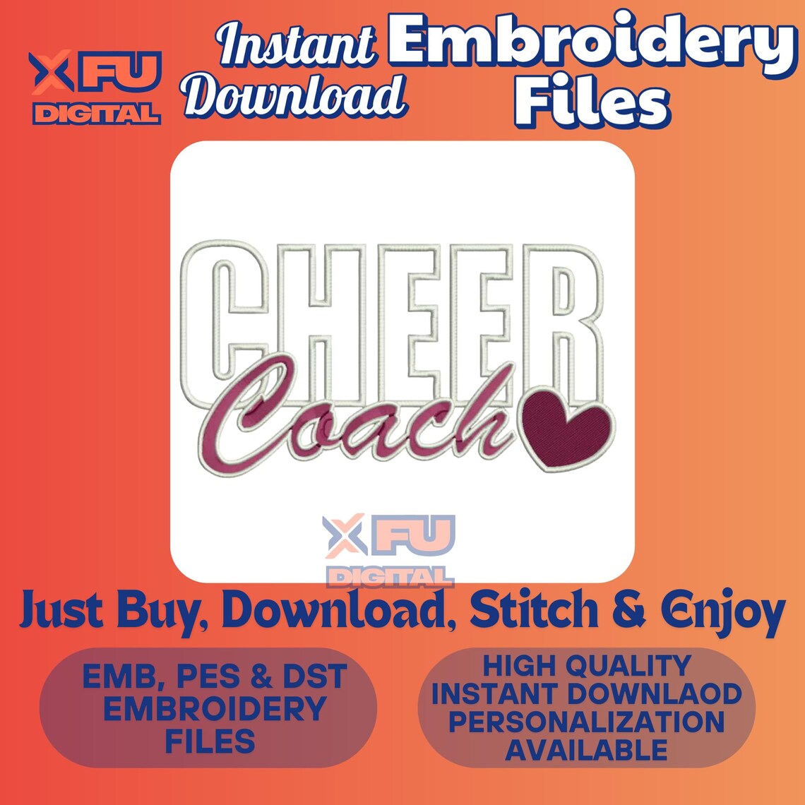 Cheer Coach Embroidery Design, Cheer Coach Heart Applique File ...