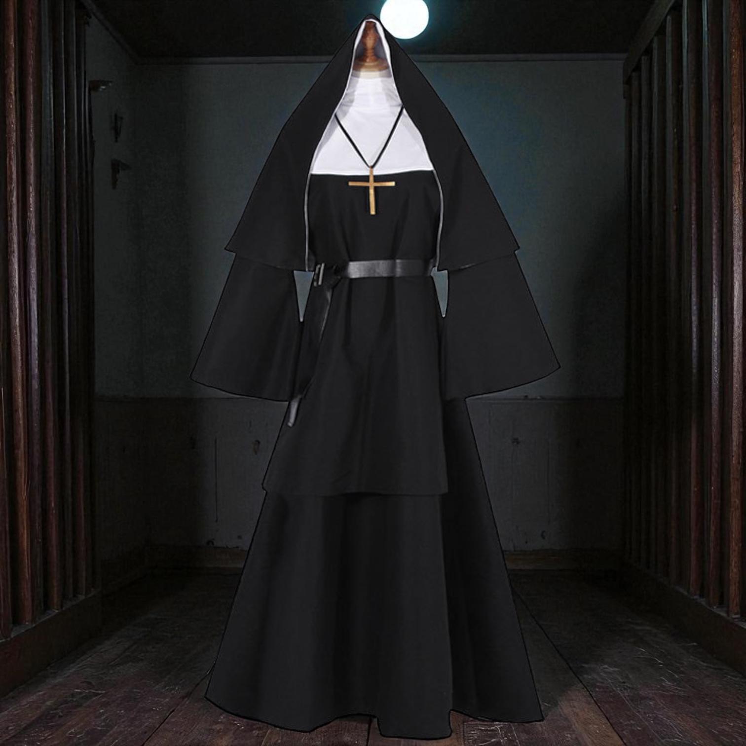 Scary Nun Costume, Horror Movie Cosplay Outfit, Black Hooded Halloween ...