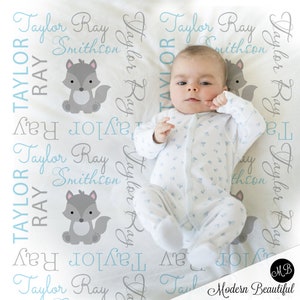 Fox Baby Blanket in Blue and Gray, Fox Personalized Name Swaddle ...