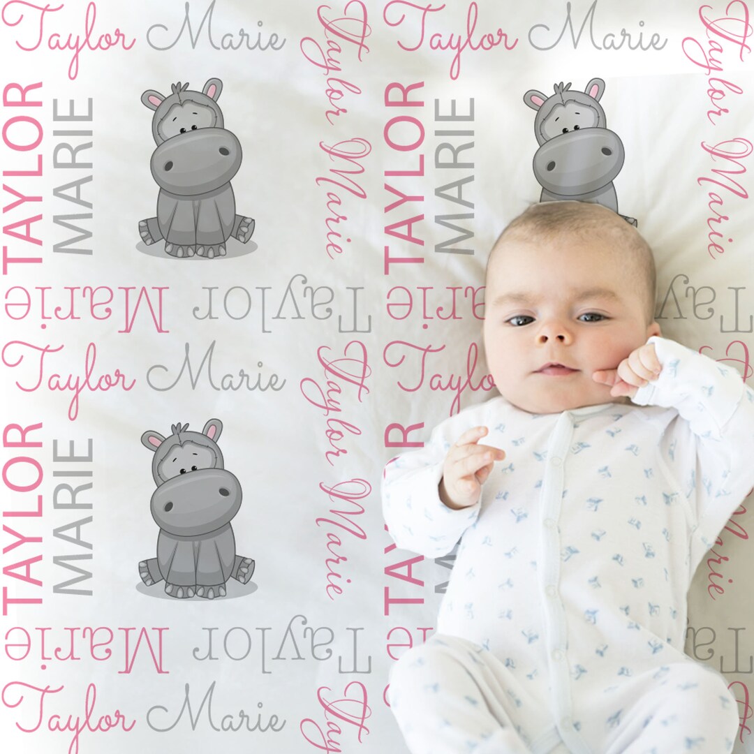 Hippo Baby Blanket, Pink Name Blanket With Hippos, Baby Girl Newborn ...