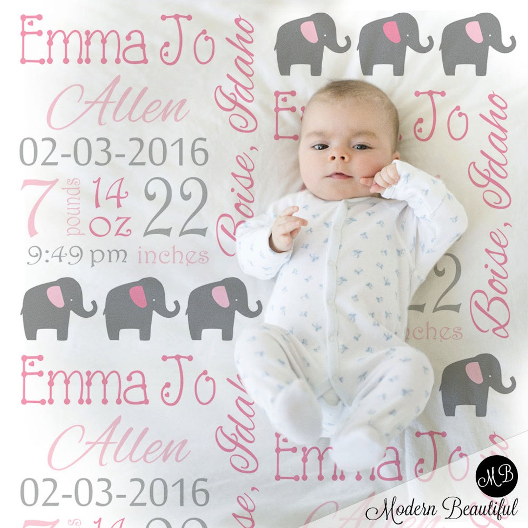 Birth Stats Elephant Baby Blanket, Newborn Elephants Birth Info Swaddle ...