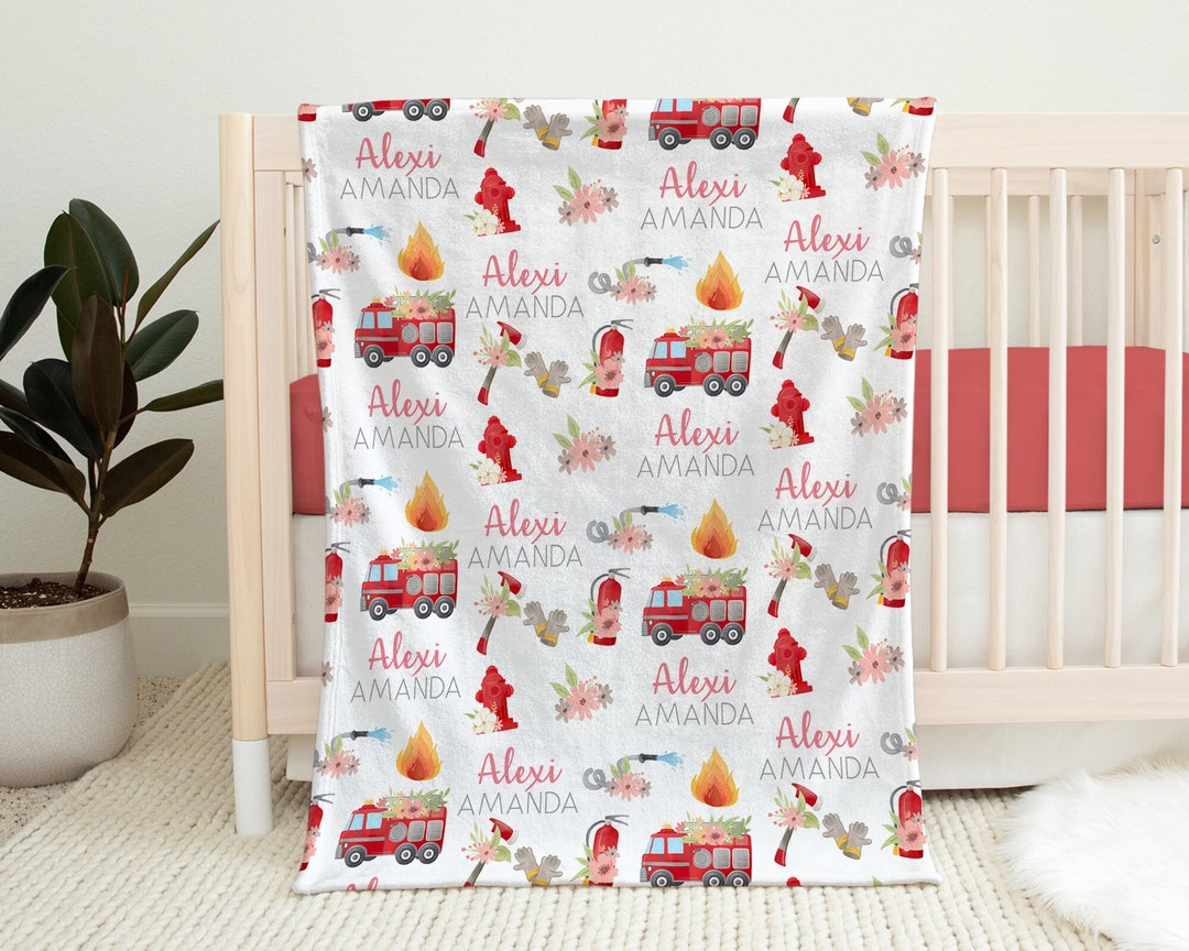 Fire Trucks Baby Girl Blanket, Personalized Fireman Blanket With Name ...