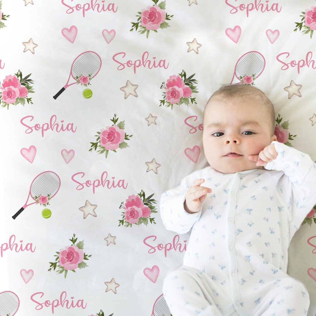Pink Tennis Baby Name Blanket, Girl Pink Flowers Personalized Blanket ...