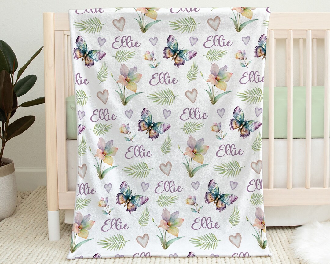 Butterfly Name Blanket, Girl Personalized Blanket, Butterflies Flowers ...