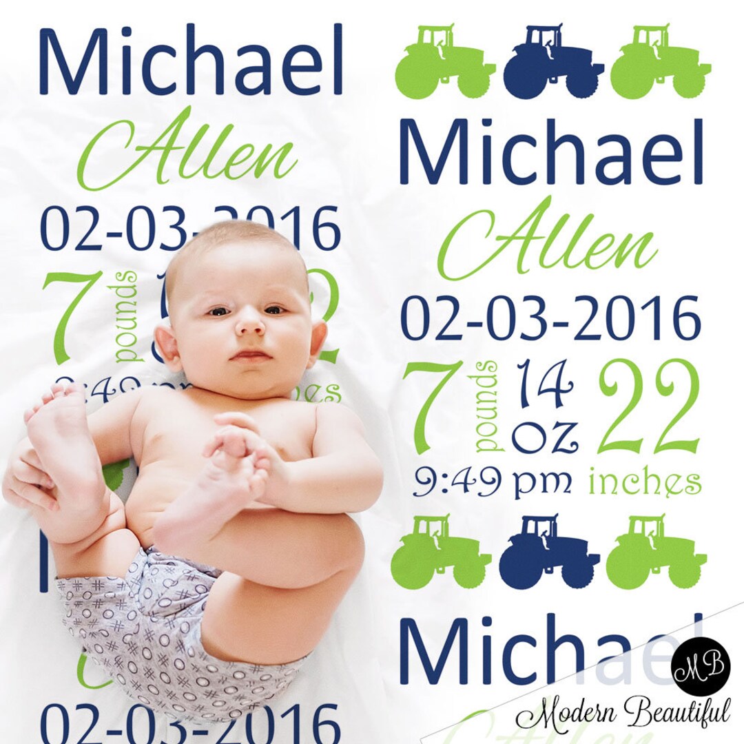 Green Tractors Boy Personalized Blanket, Farm Tractor Birth Stats ...