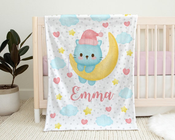 Kitten baby blanket, kitty on moon with stars and hearts, baby girl ...