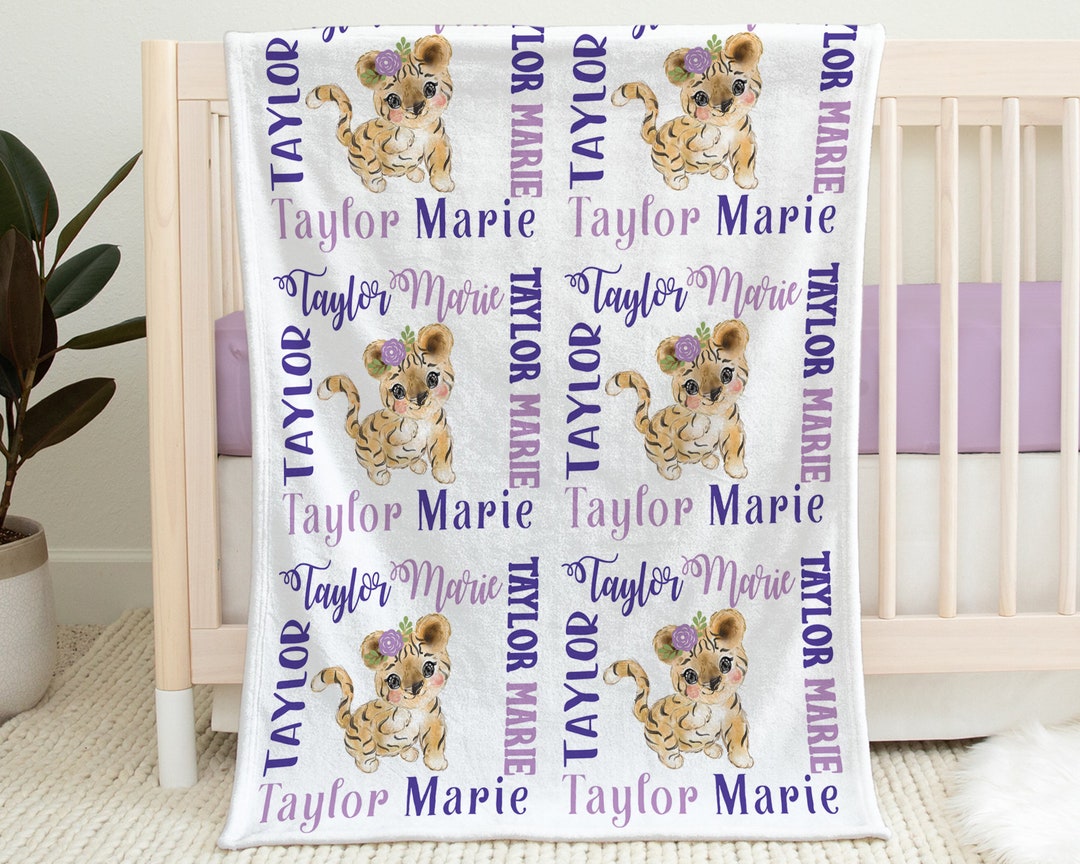 Tiger Girl Baby Blanket, Girls Purple Tigers Blanket With Name ...
