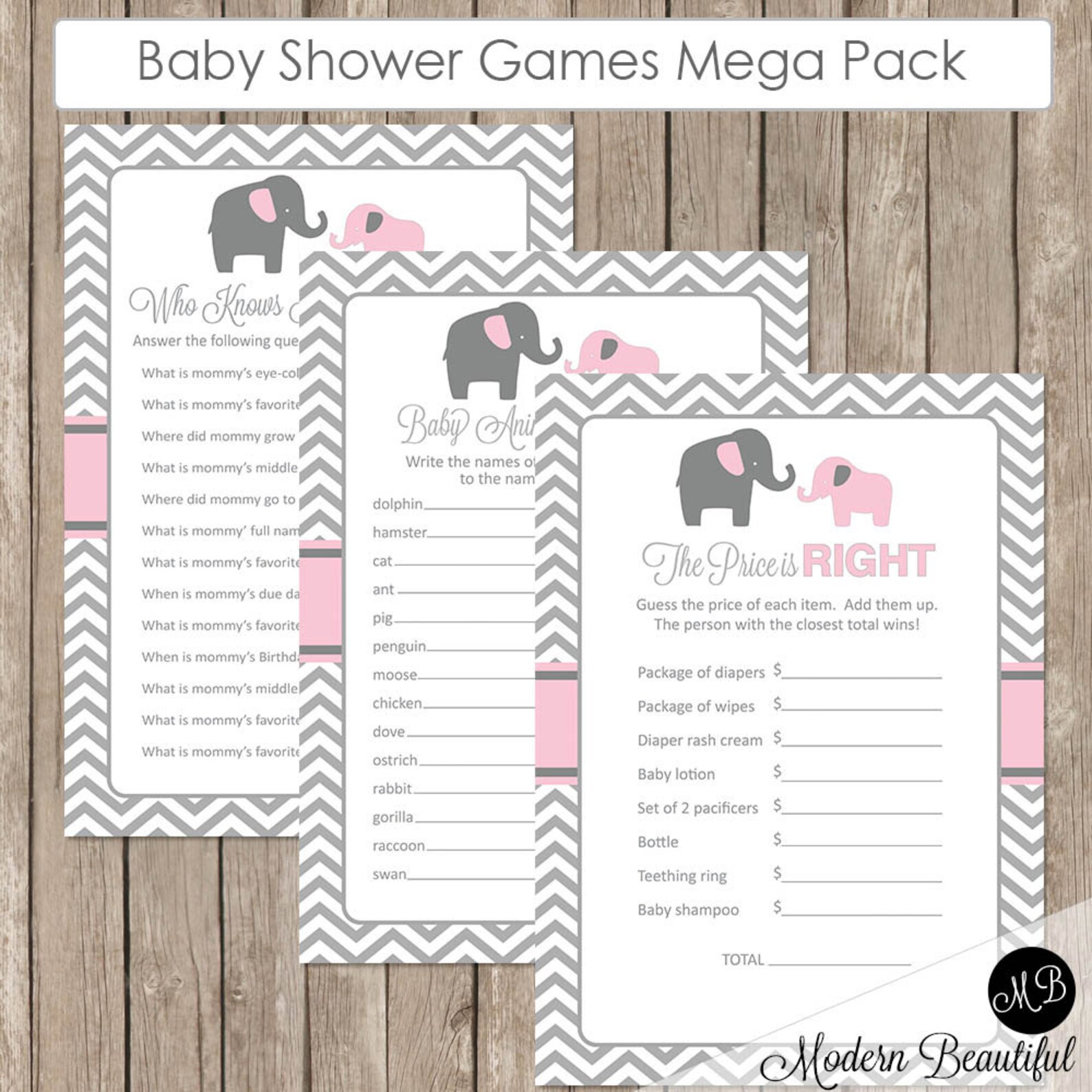 Elephant Baby Shower Game Pack in Pink and Gray Baby Shower Activity ...