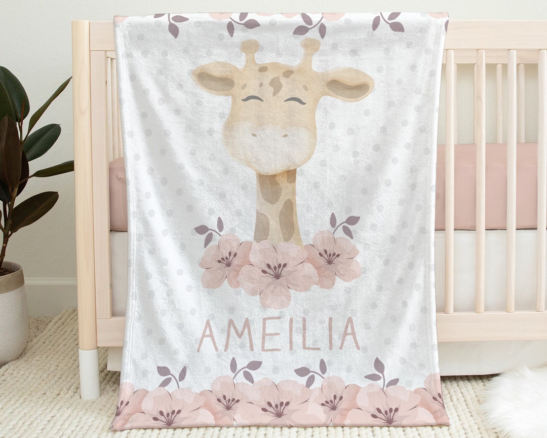 Giraffe Baby Girls Blanket, Giraffes Pink Flowers Personalized Newborn ...