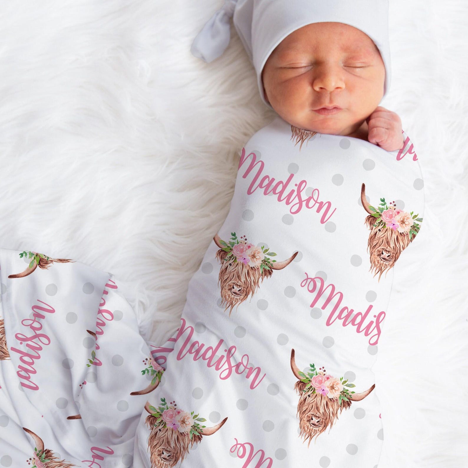 Highland Cow Baby Blanket Personalized Cow With Flowers Jersey Swaddle ...