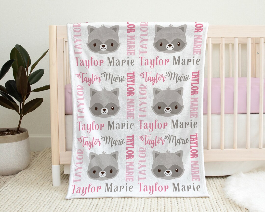 Raccoon Baby Blanket, Pink and White Raccoon Girl Baby Blanket ...