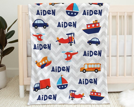 Transportation theme baby blanket, personalized boys plane, boat, car ...
