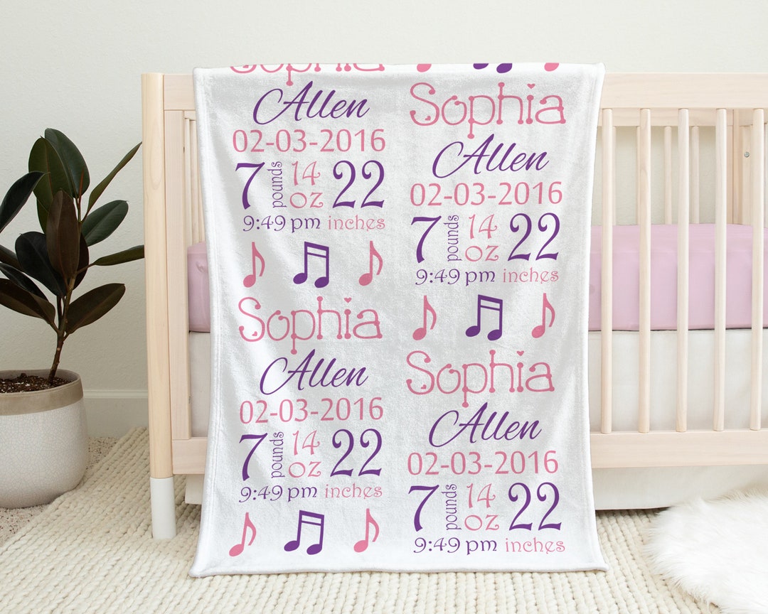Personalized Music Notes Baby Blanket: Birth Stats Blanket, Musician ...