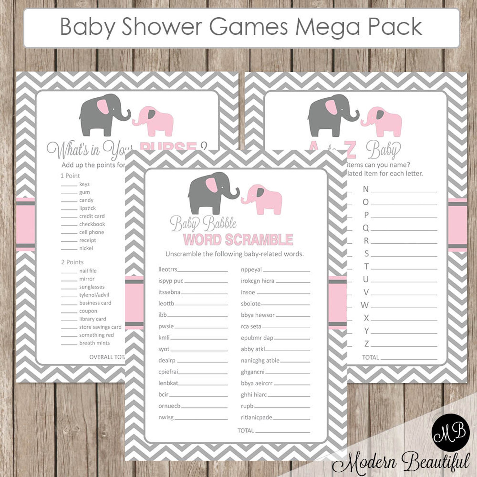 Elephant Baby Shower Game Pack in Pink and Gray Baby Shower Activity ...