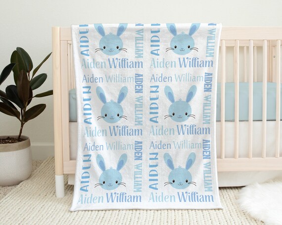Blue Easter baby blanket, personalized rabbit swaddle blanket, Easter ...
