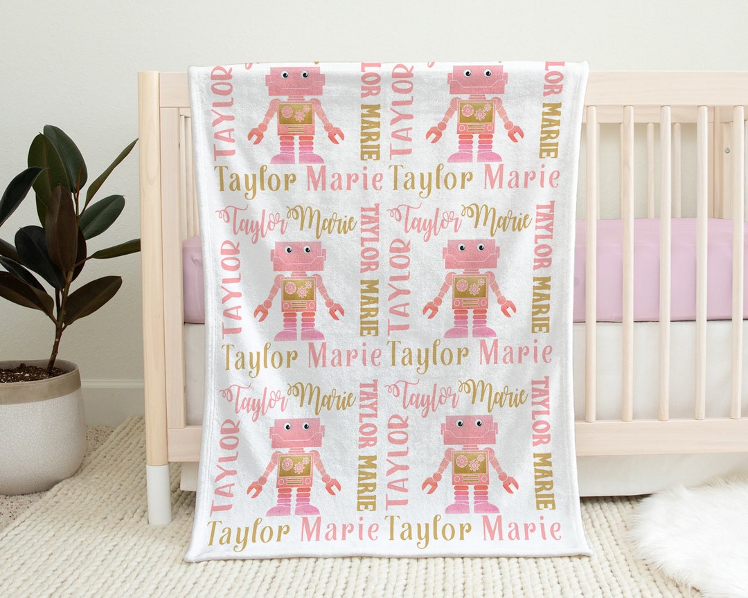 Pink Robots Baby Blanket, Newborn Baby Girl Personalized Name Swaddle ...
