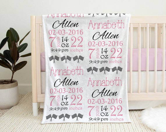 Personalized baby girl racing birth stats blanket, newborn baby girl ...