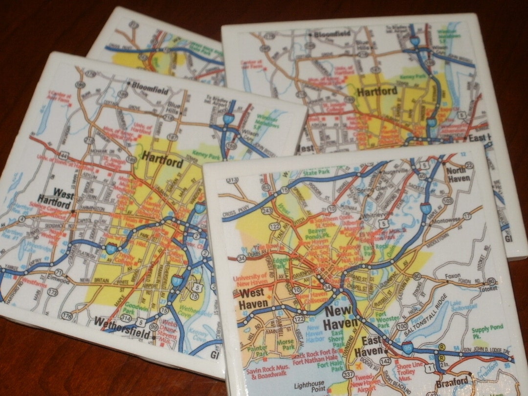 Conn. Road Map Drink Coasters...Including New Haven and Hartford...Set ...