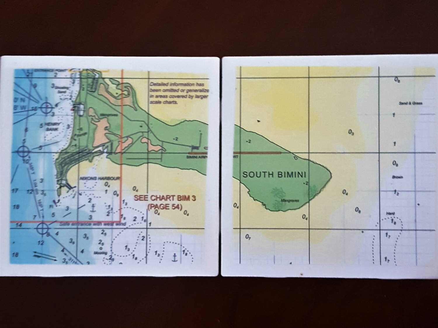 Bimini Nautical Map Coasters...set of 4...full 1/4 Inch Cork Bottoms ...