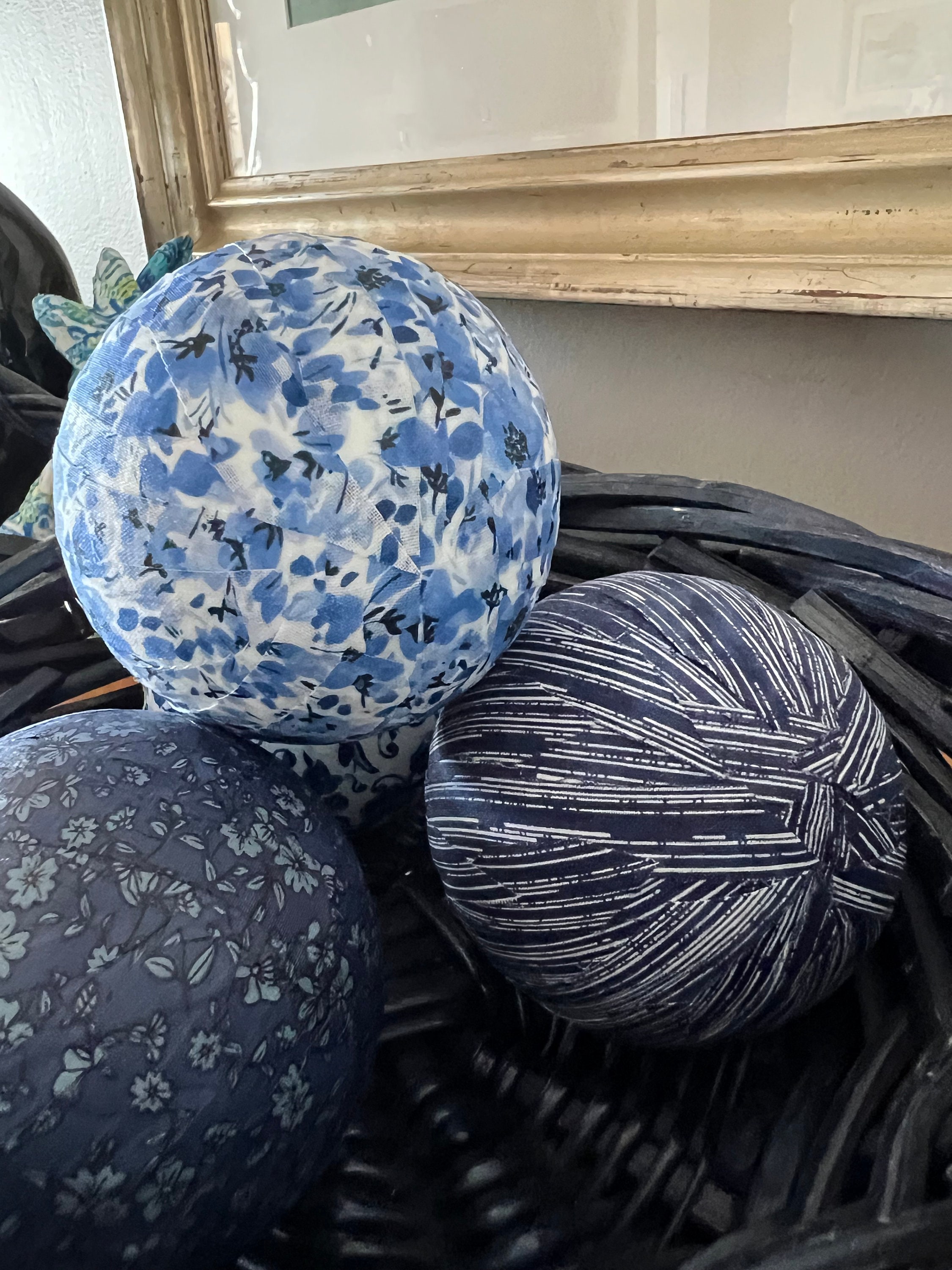 4 - 4” Chinoiserie Spheres #2, Blue and White Balls, Orbs, Centerpiece ...