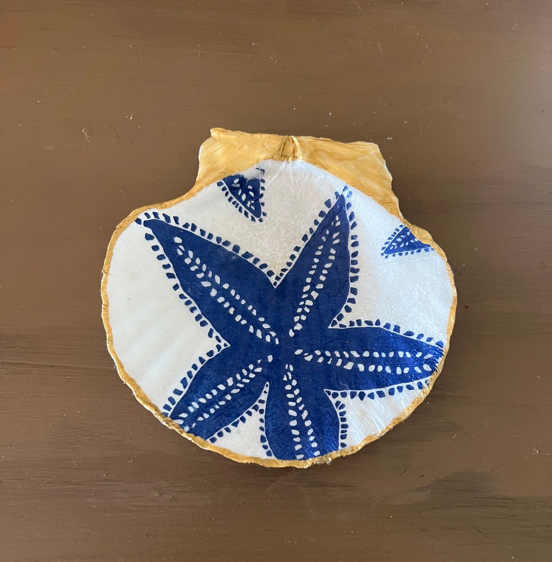 Trinket Dish, Scallop Shell, Starfish Design, Decoupaged, Coastal - Etsy