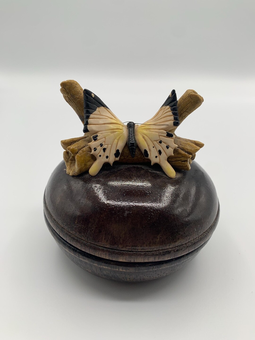 Vintage Wooden Round Box With Porcelain Butterfly – Botanical Taxidermy ...