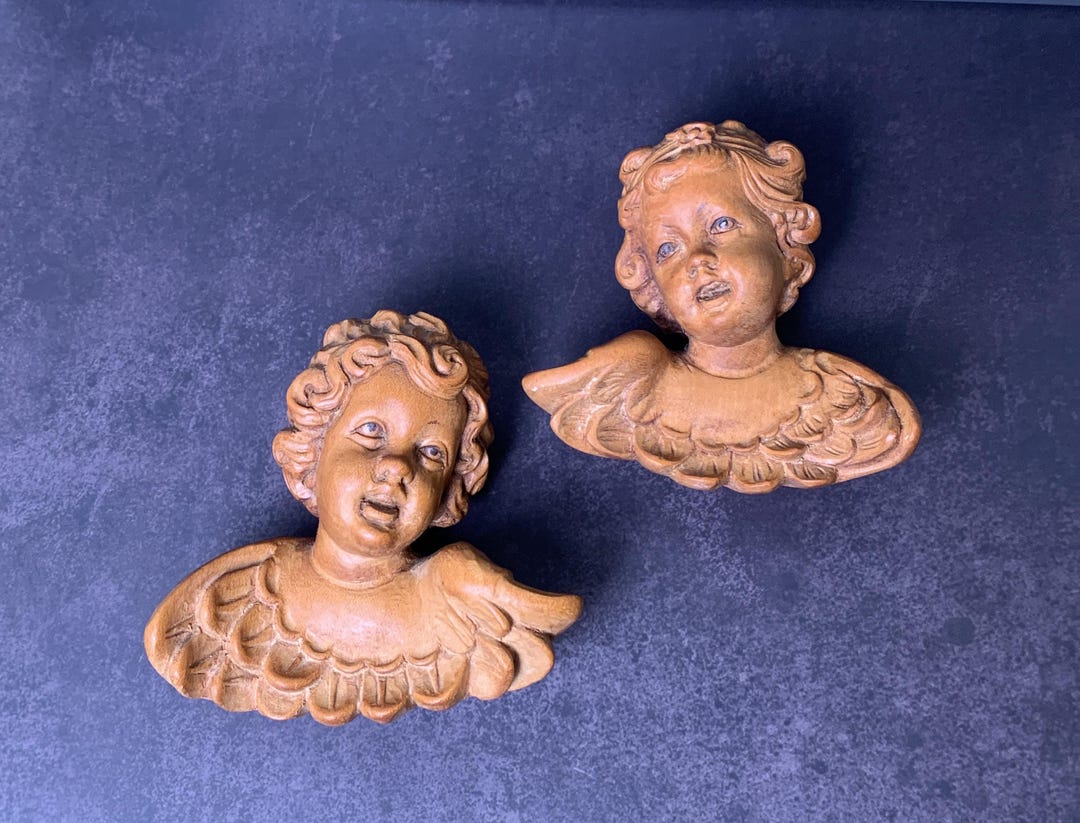 Vintage Italian Hand-carved Wood Angel Heads – Set of 2, Baroque Style ...