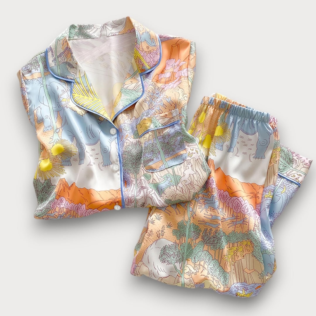 Colourful Print Pajama Set, Long Sleeve Button Shirt & Pants, Sleepwear ...