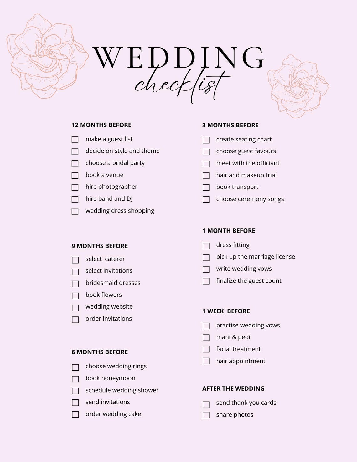 Pastel Pink Wedding Checklist | Printable PDF - Etsy