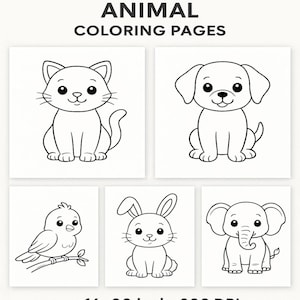 5 Cute Animal Coloring Pages – Cat, Dog, Rabbit, Bird, Elephant ...