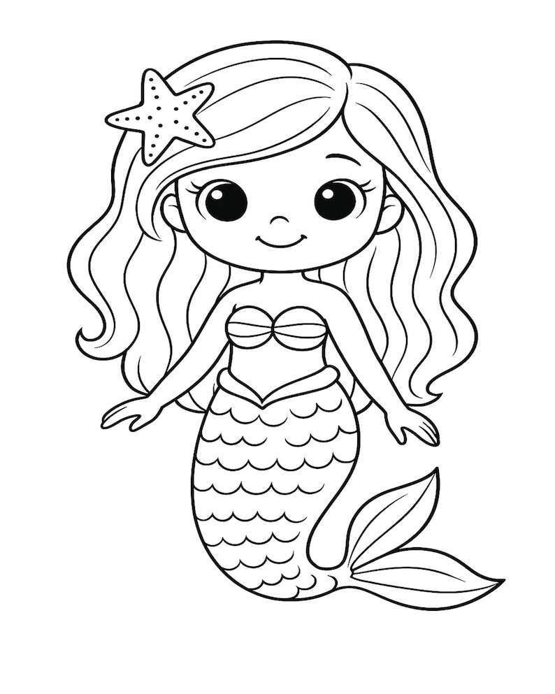 Cute Mermaid Coloring Page – Printable 16x20 JPG + PDF – Fun Activity ...