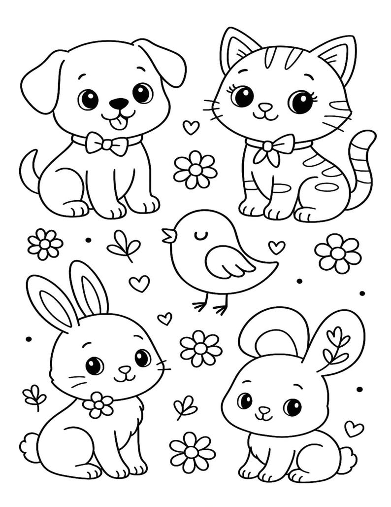 Cute Animal Coloring Page for Kids – Printable Dog, Cat, Bunny & Bird ...