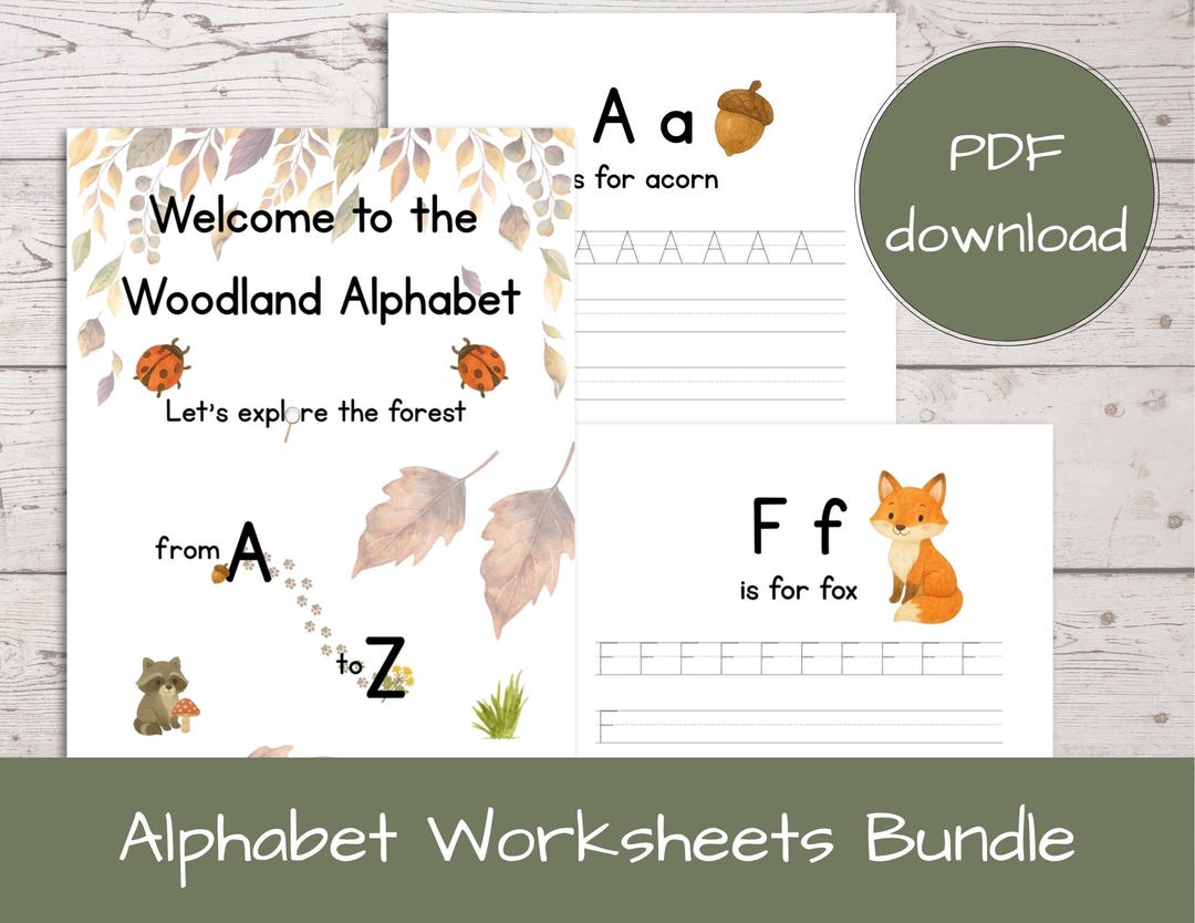Woodland Alphabet Letter Tracing Printable Worksheets Bundle Homeshool ...