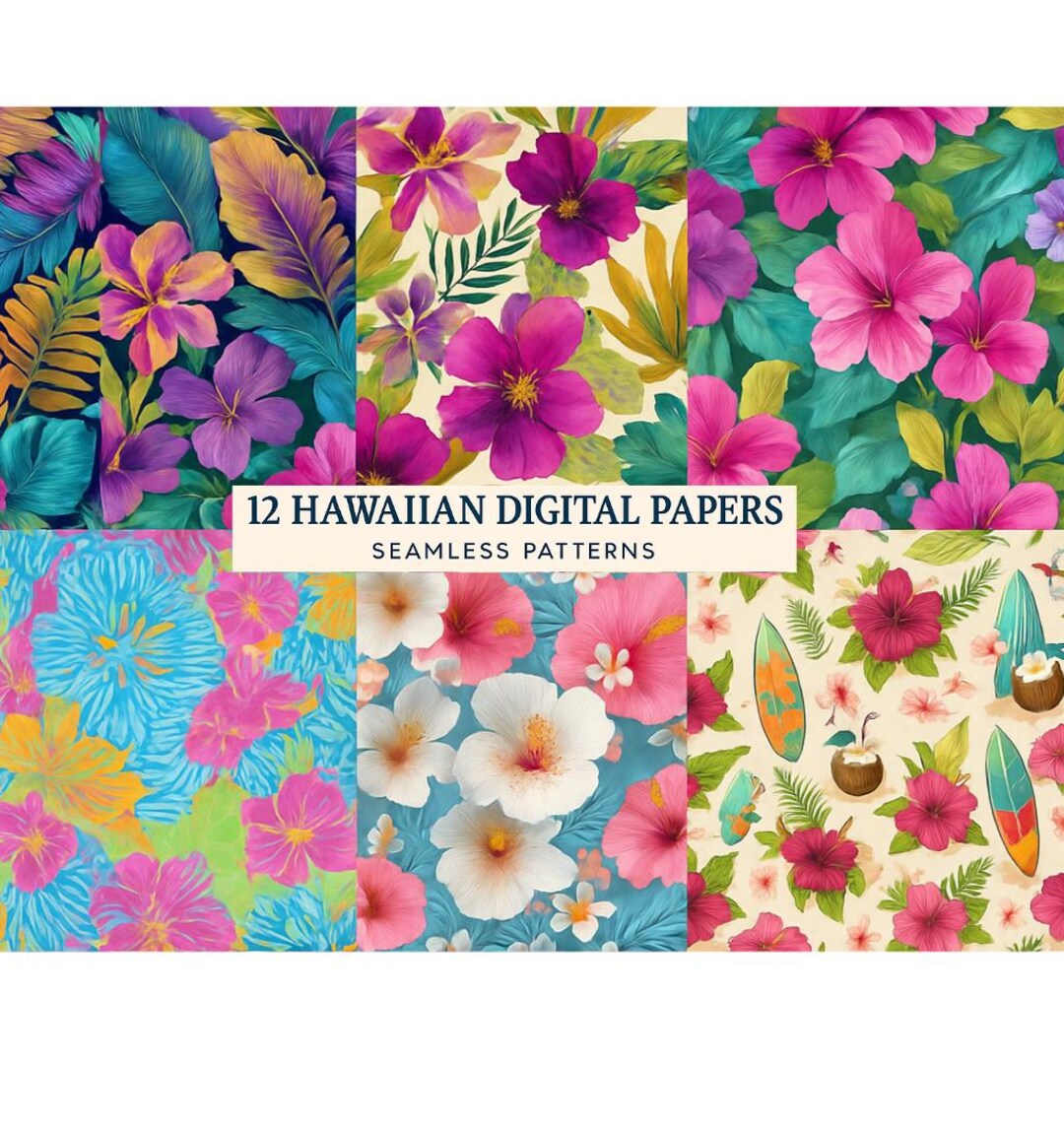 Tropical Hawaiian Seamless Digital Paper: Hibiscus, Surf, Beach ...