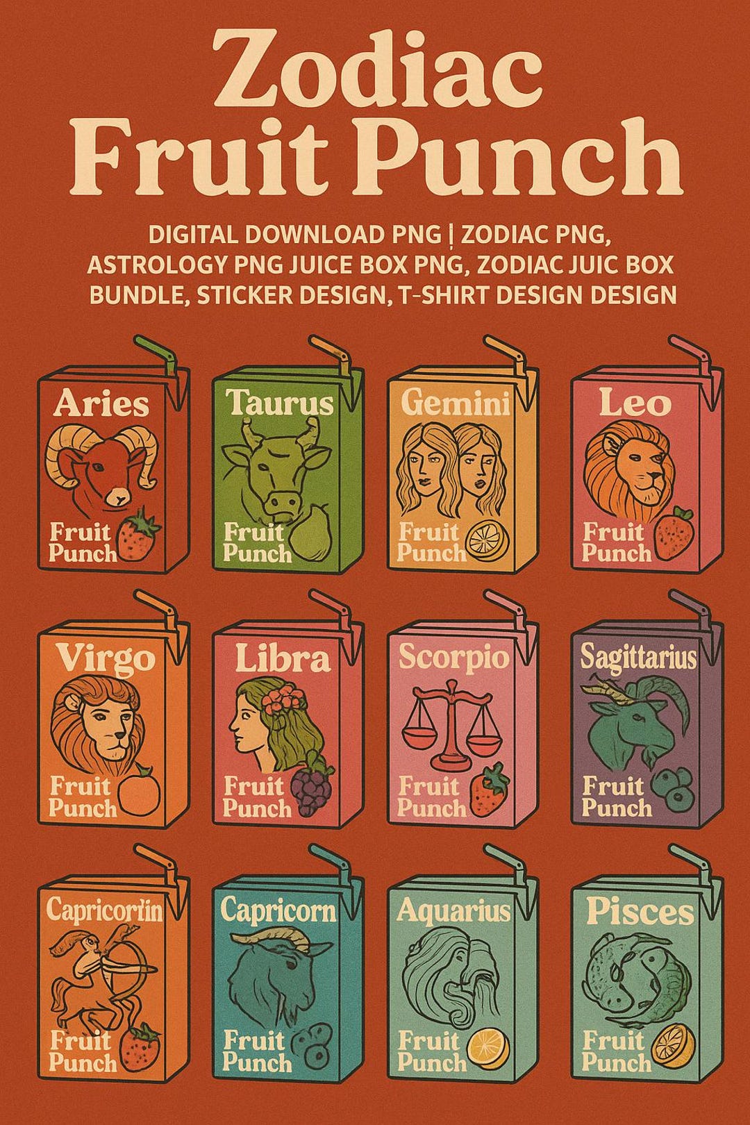 Zodiac Fruit Punch Juice Box PNG: Astrology Clipart, Sticker Bundle ...