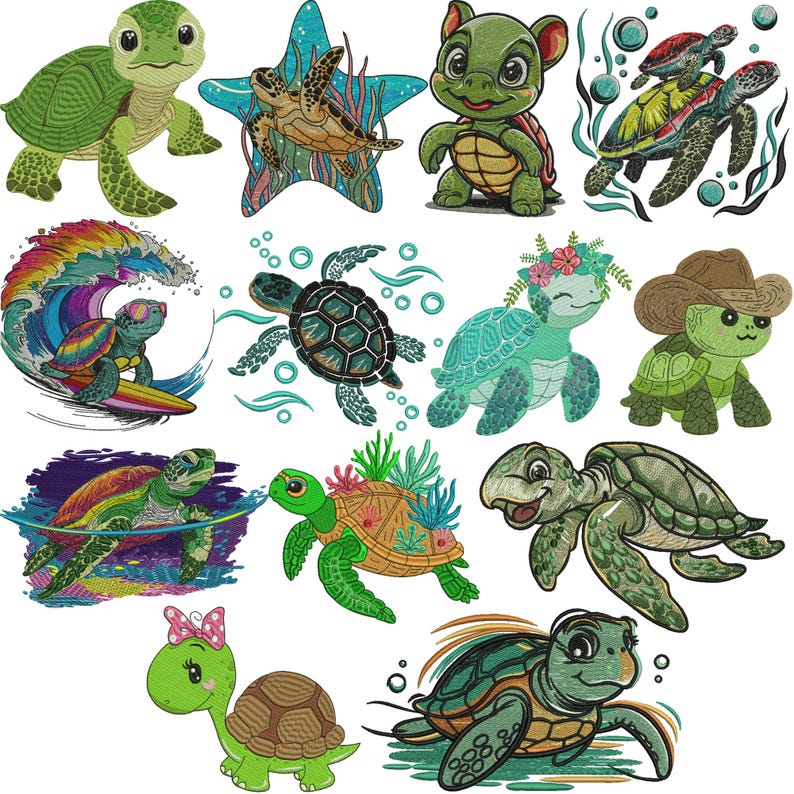 Sea Turtle Embroidery Design, Turtles and Flowers Motive, Turtle ...