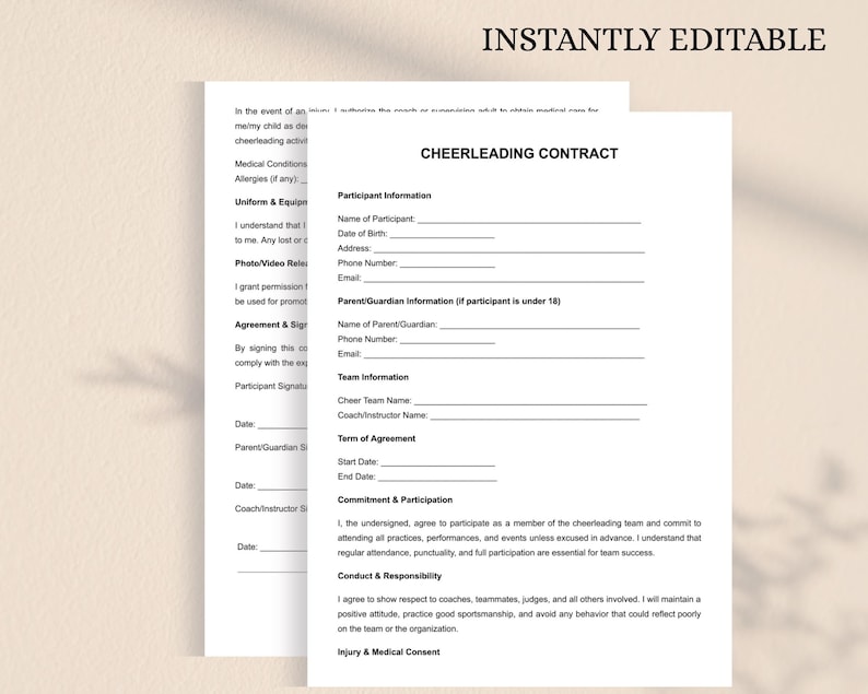 Cheerleading Contract | Editable Doc & PDF | Team Participation ...