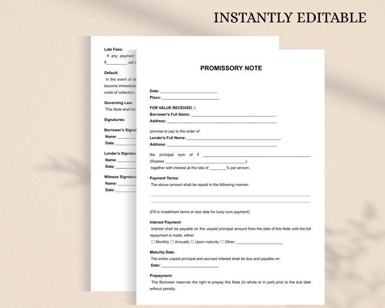 Promissory Note Template | Editable DOC & PDF Loan Agreement Form - Etsy