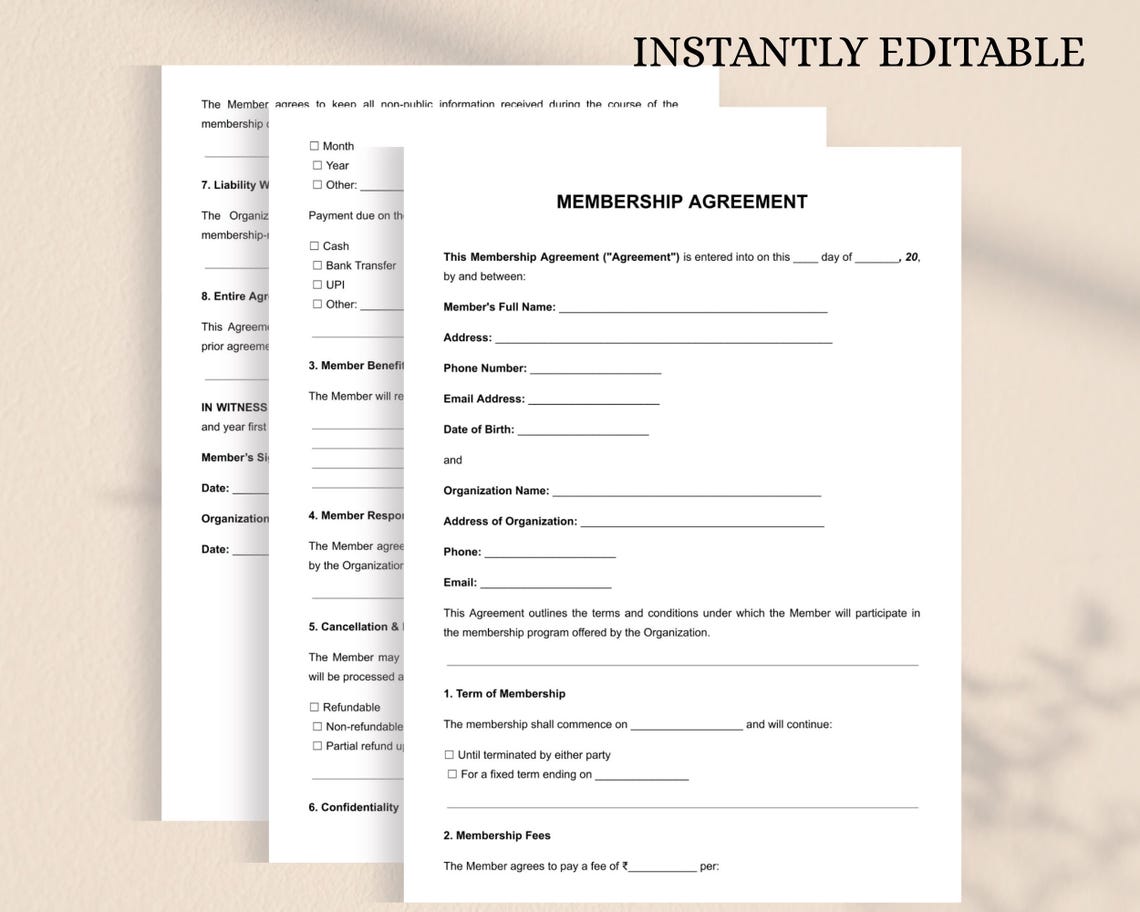 Membership Agreement Template – Editable DOC PDF – Member Terms ...