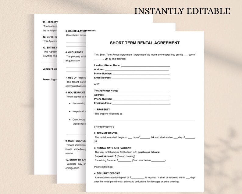 Editable Short Term Rental Agreement Template: Vacation Rental Lease ...