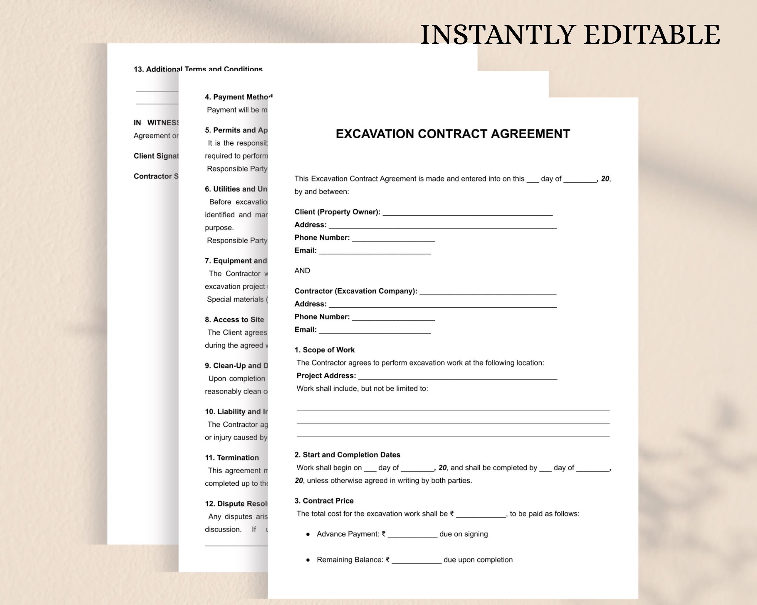 Excavation Contract Template | Editable DOC & PDF Construction ...