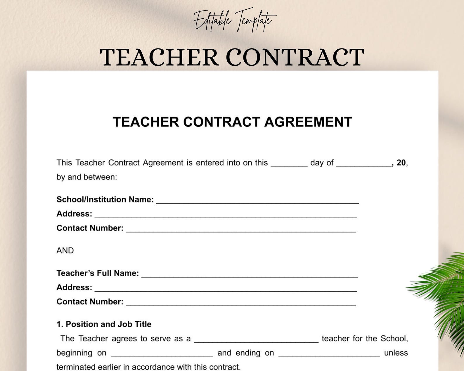 Teacher Contract Agreement Template | Editable Doc & PDF - Etsy