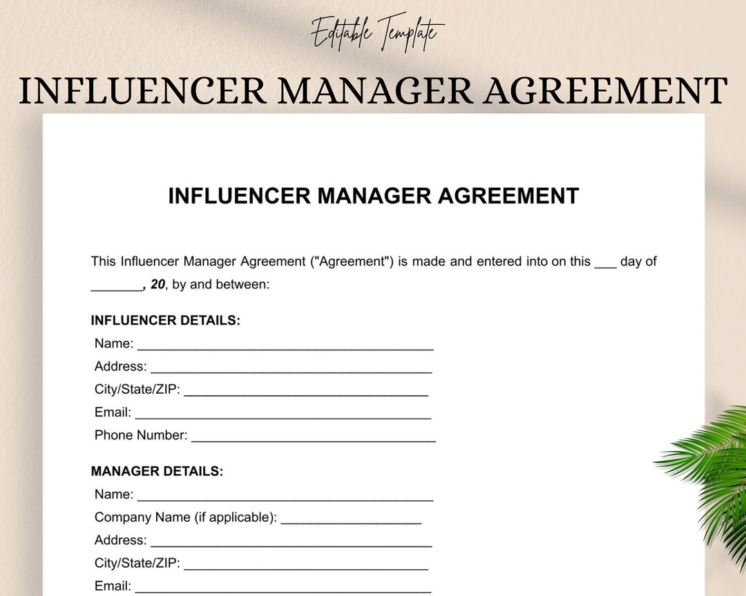 Influencer Manager Agreement | Editable Doc & PDF | Talent ...
